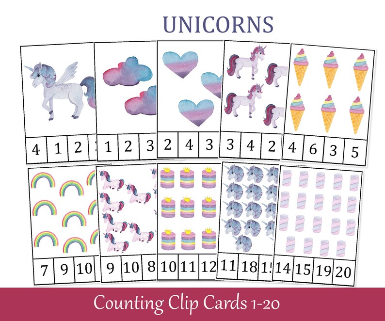 Unicorns Count and Clip Cards, Number 1 - 20, Flashcards, Preschool ...
