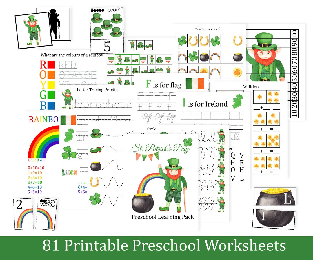 St Patricks Day Preschool Learning Pack, Worksheets, Montessori ...