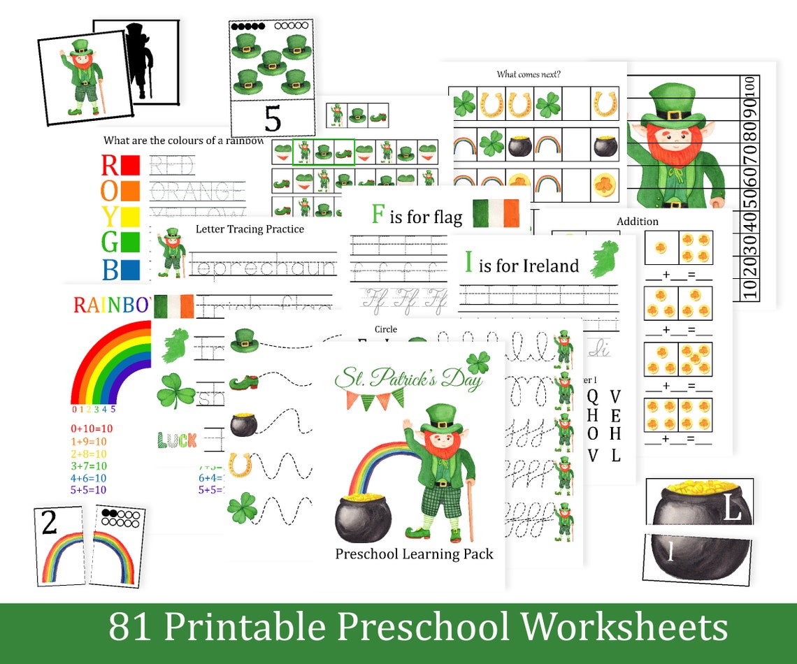 St Patricks Day Preschool Learning Pack Worksheets - Etsy