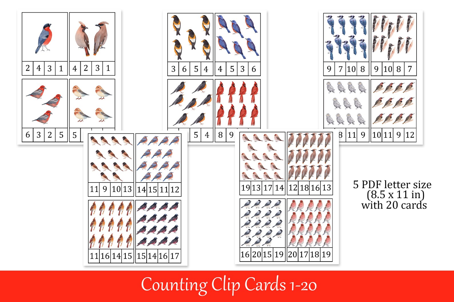 Winter Birds Count and Clip Cards, Number 1 - 20, Flashcards, Christmas ...