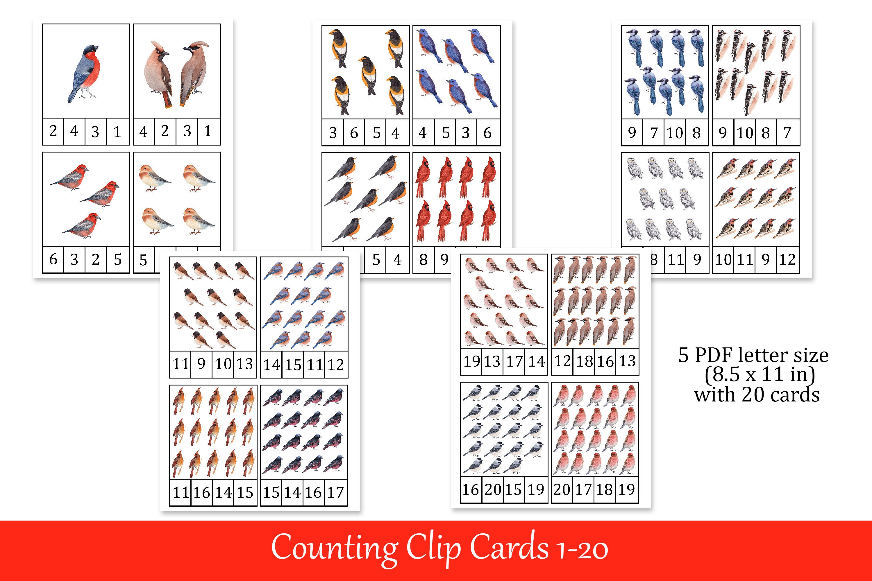 Winter Birds Count and Clip Cards, Number 1 20, Flashcards, Christmas ...
