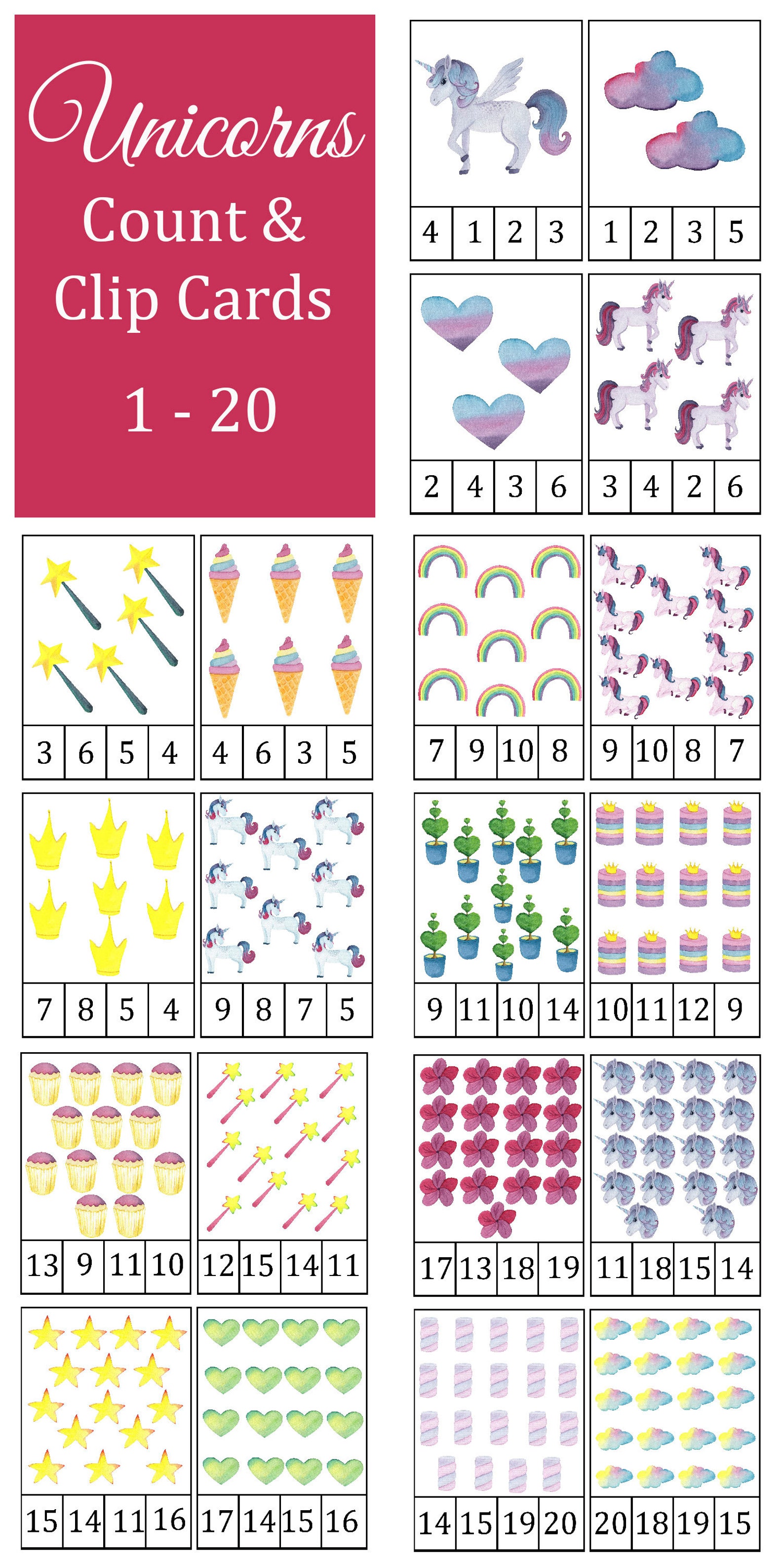 Unicorns Count and Clip Cards, Number 1 20, Flashcards, Preschool ...