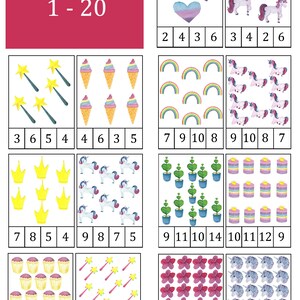 Unicorns Count and Clip Cards, Number 1 - 20, Flashcards, Preschool ...