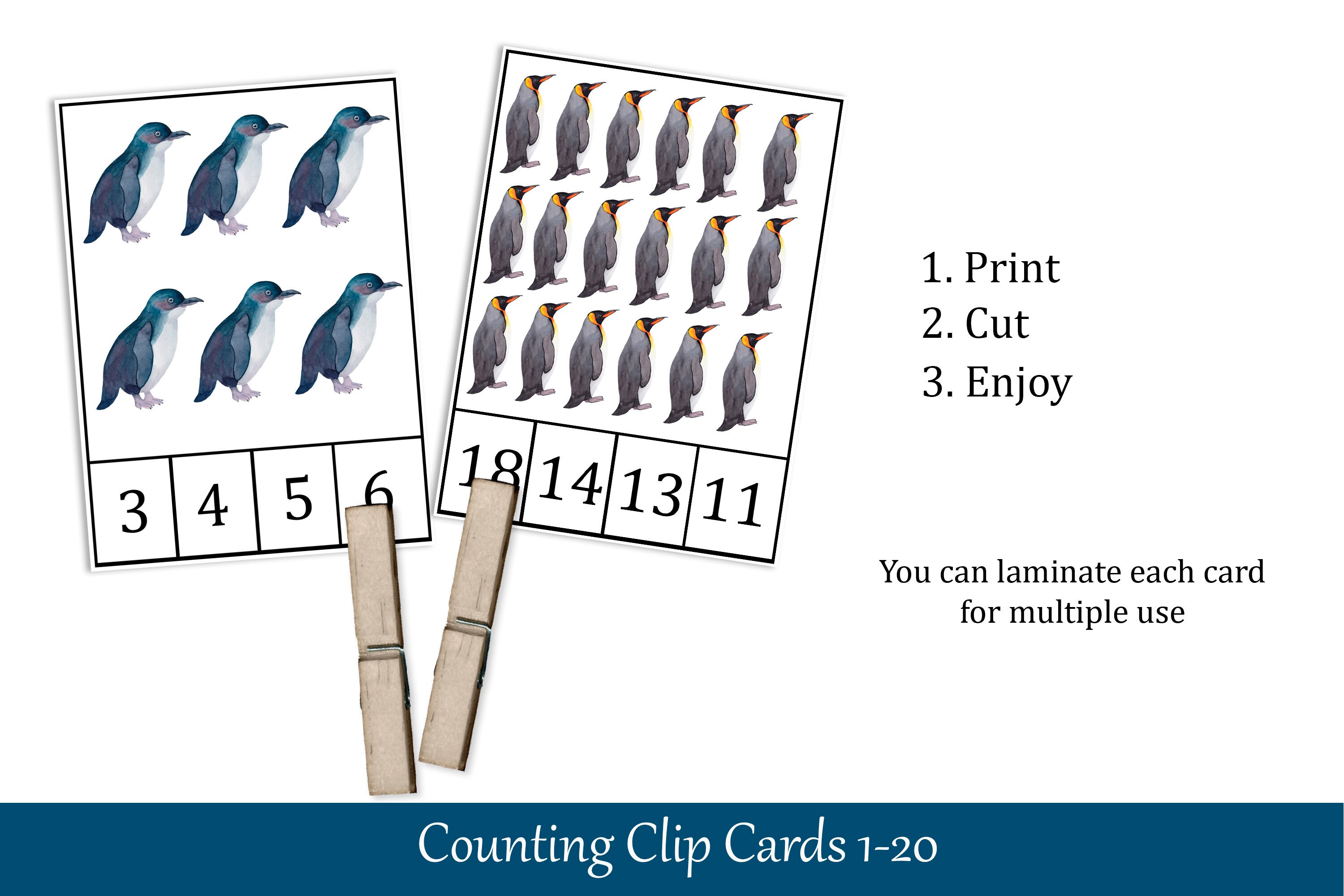 Penguins Count and Clip Cards, Montessori Counting Numbers 1 20 ...
