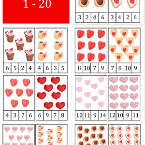 Valentines Day Count and Clip Cards, Number 1 - 20, Flashcards, Hearts ...