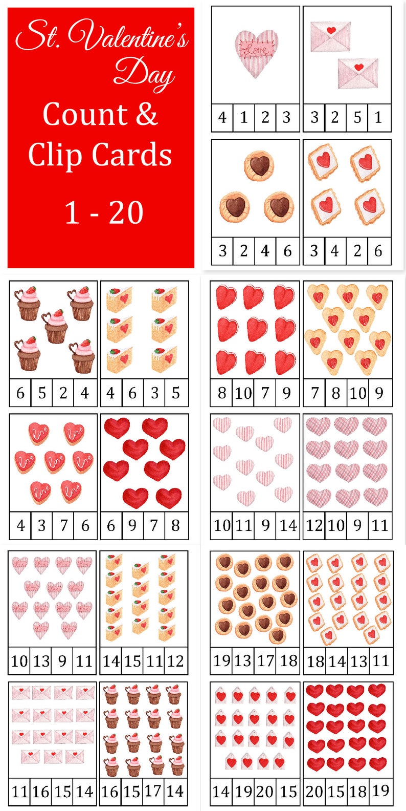 Valentines Day Count and Clip Cards, Number 1 20, Flashcards, Hearts ...