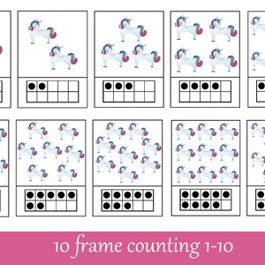 Unicorns Ten Frame Counting Flashcards, Montessori Math Worksheets for ...