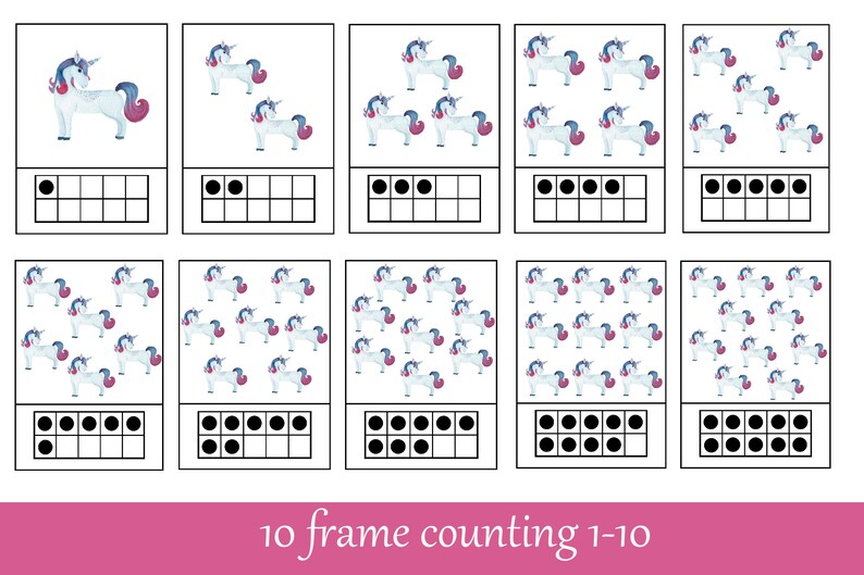 Unicorns Ten Frame Counting Flashcards, Montessori Math Worksheets for ...