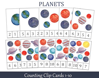 Planets Count and Clip Cards, Solar System Counting Clip Cards ...