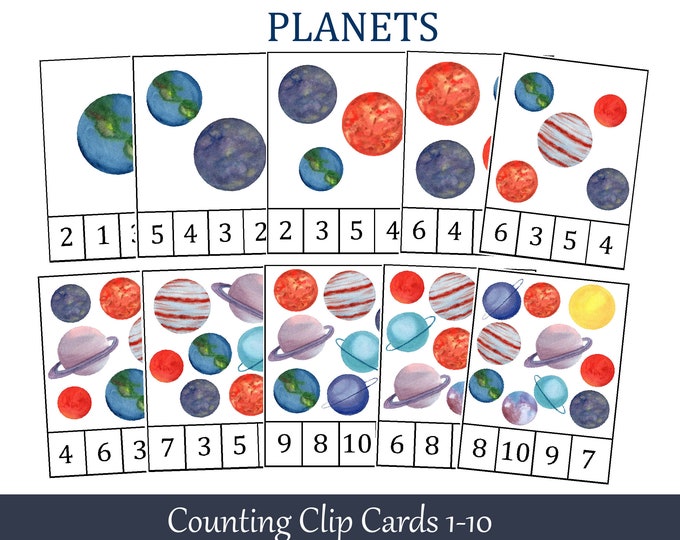 Planets Count and Clip Cards, Solar System Counting Clip Cards ...