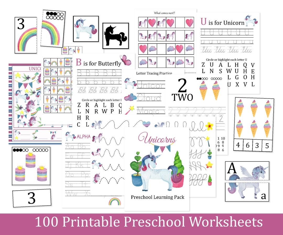 Unicorn Preschool Learning Pack, Worksheets, Montessori Materials, Math ...