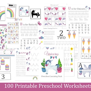 Unicorn Preschool Learning Pack, Worksheets, Montessori Materials, Math ...