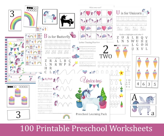 Unicorn Preschool Learning Pack Worksheets Montessori | Etsy