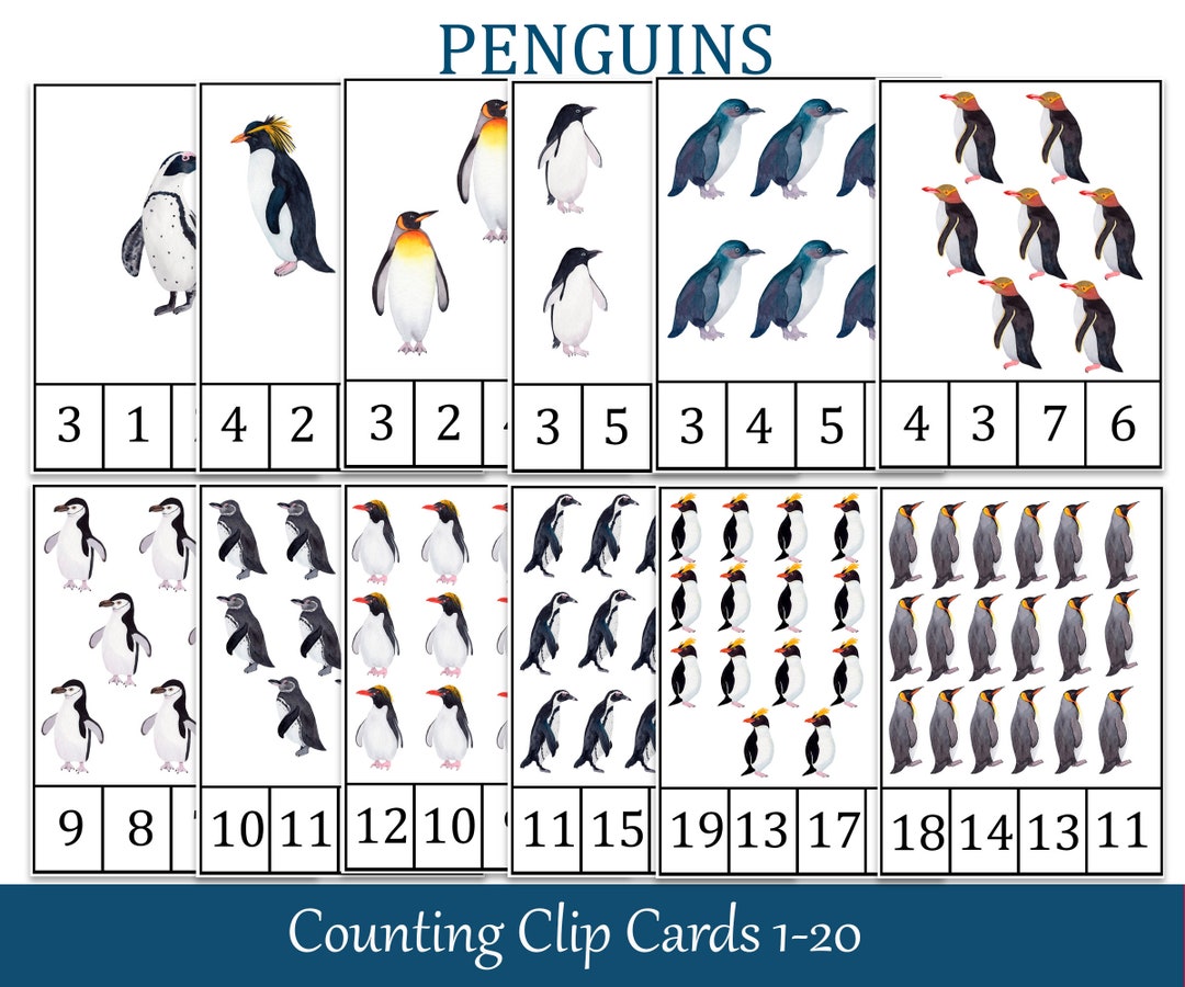 Penguins Count and Clip Cards, Montessori Counting Numbers 1 20 ...