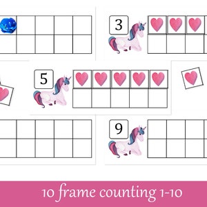 Unicorns Ten Frame Counting Flashcards, Montessori Math Worksheets for ...