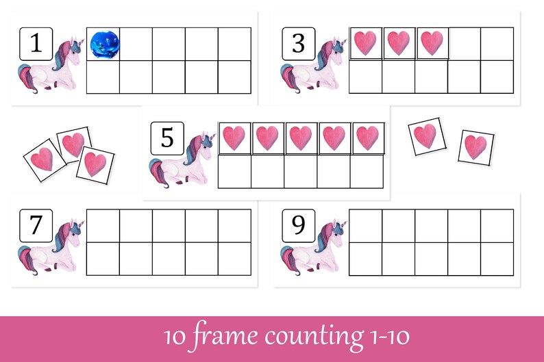Unicorns Ten Frame Counting Flashcards, Montessori Math Worksheets for ...