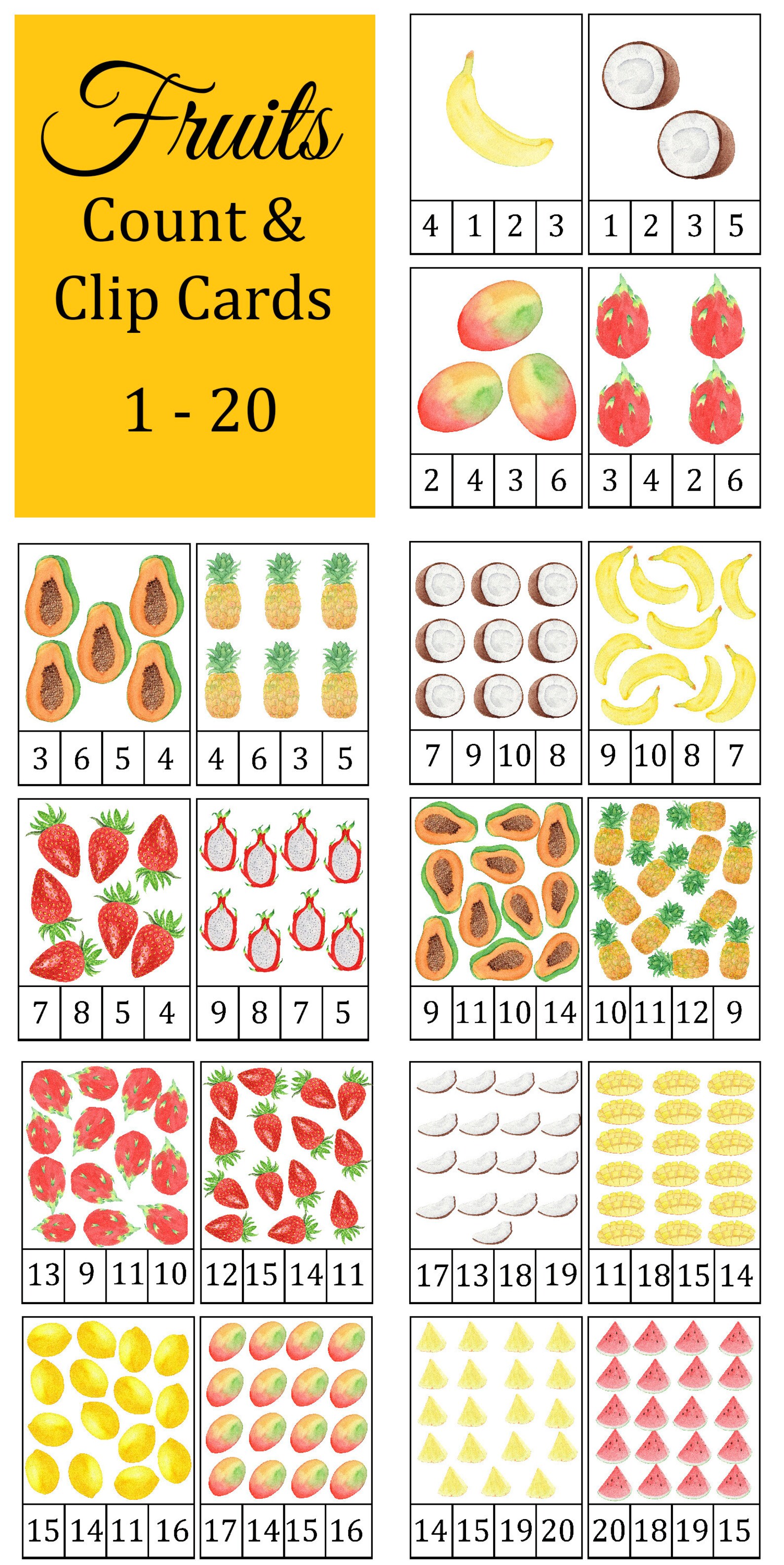 Fruits Count and Clip Cards, Summer Montessori Counting, Number 1 20 ...
