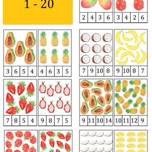 Fruits Count and Clip Cards, Summer Montessori Counting, Number 1 - 20 ...