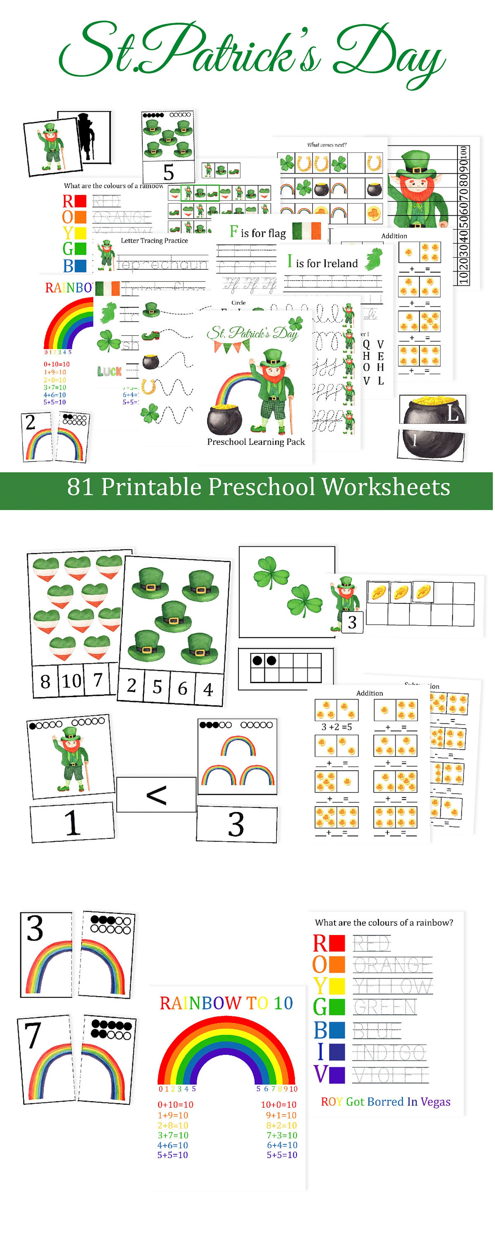 St Patricks Day Preschool Learning Pack Worksheets - Etsy
