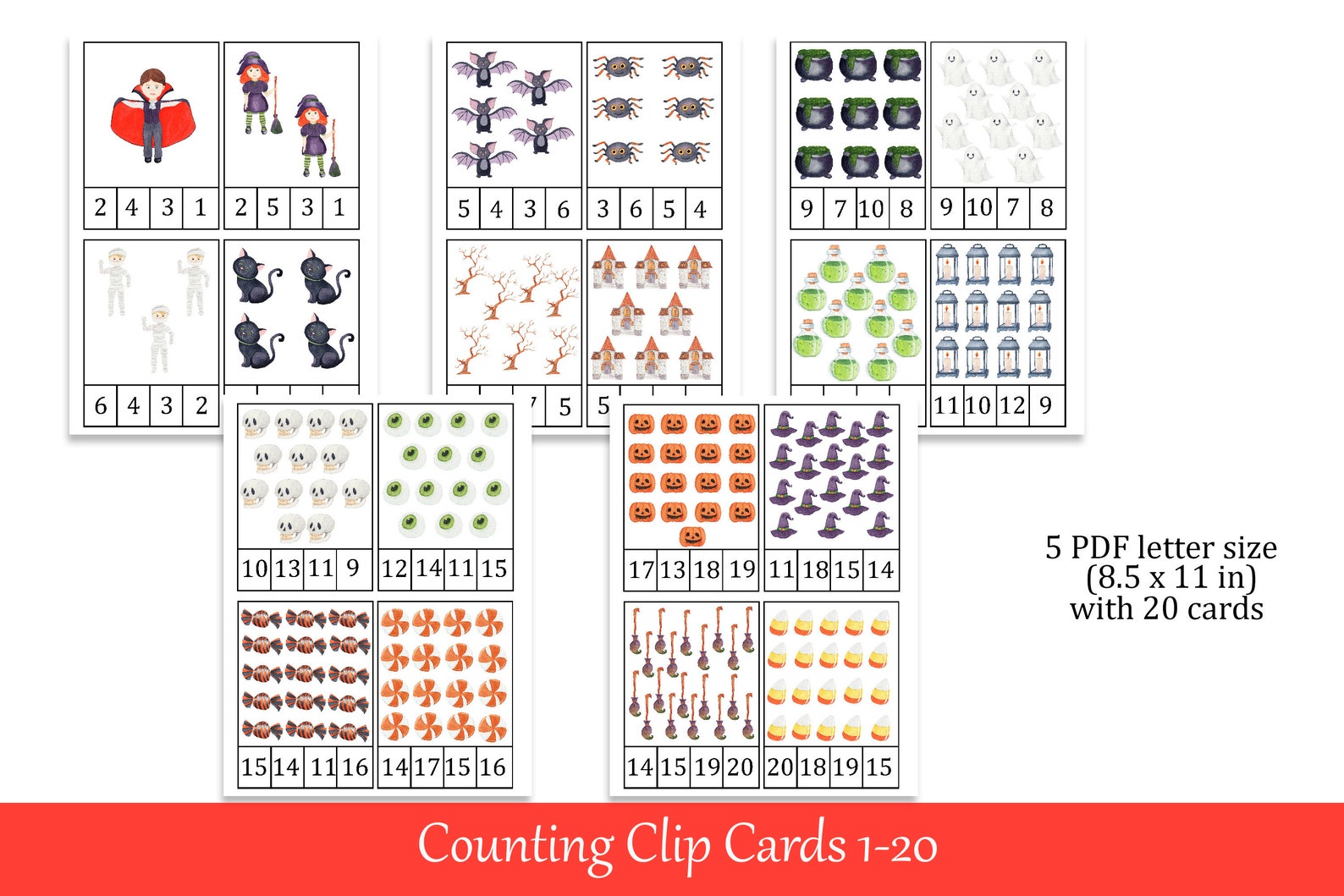Halloween Count and Clip Cards, Number 1 - 20, Flashcards, Fall ...