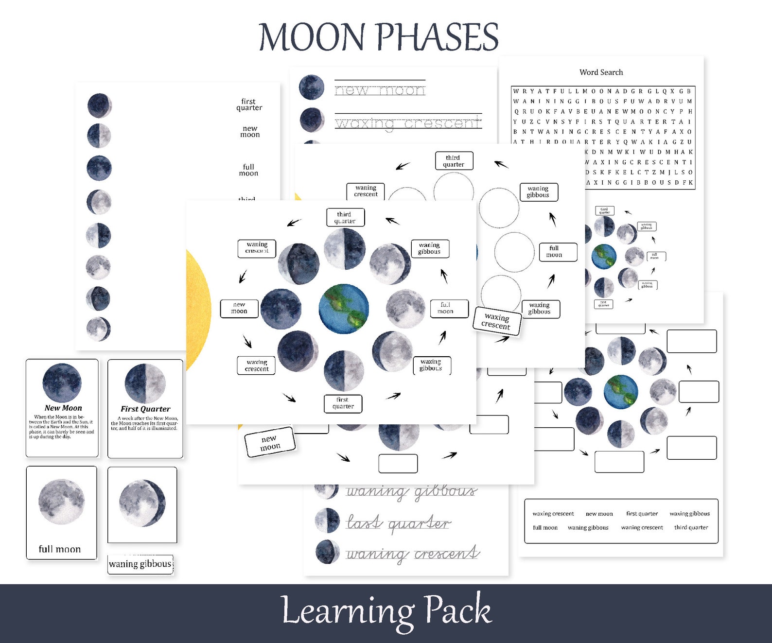 Moon Phases Worksheets, Homeschool Learning Pack Lunar Cycle ...