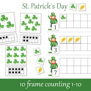St. Patricks Day Ten Frame Counting Flashcards, Montessori Math ...