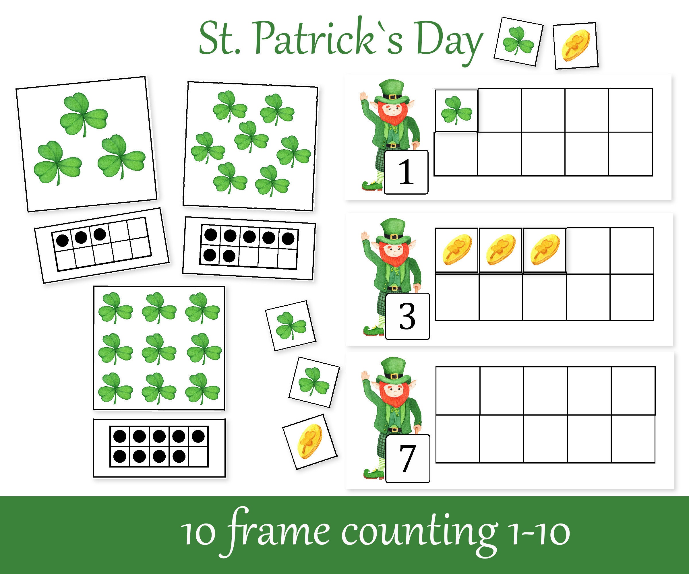 St. Patricks Day Ten Frame Counting Flashcards, Montessori Math ...