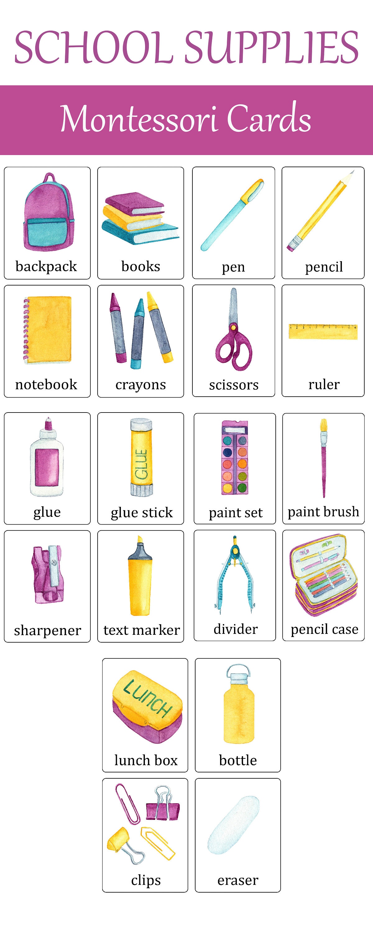 School Supplies Montessori Three Part Cards. Back to School ...