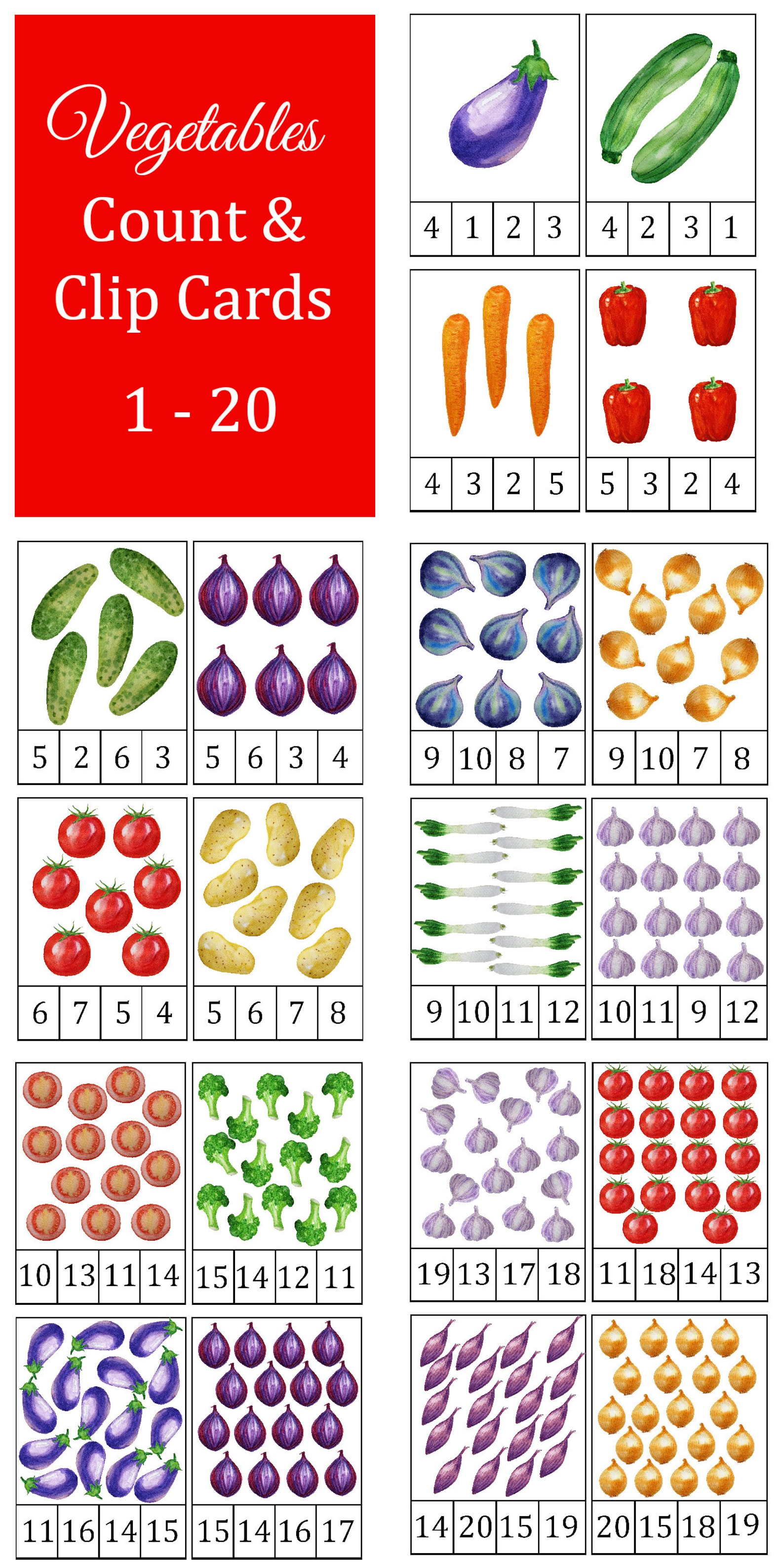 Vegetables Count and Clip Cards, Montessori Counting, Number 1 20 ...