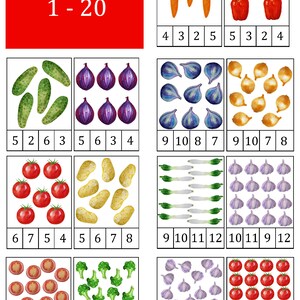 Vegetables Count and Clip Cards, Montessori Counting, Number 1 - 20 ...