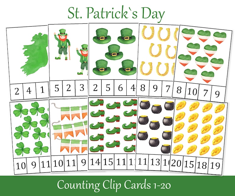St. Patricks Day Count and Clip Cards, Number 1 - 20, Flashcards ...