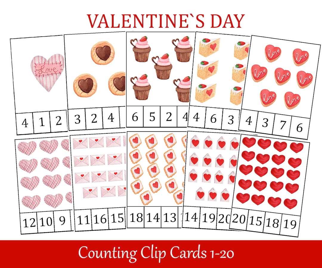 Valentines Day Count and Clip Cards, Number 1 - 20, Flashcards, Hearts ...