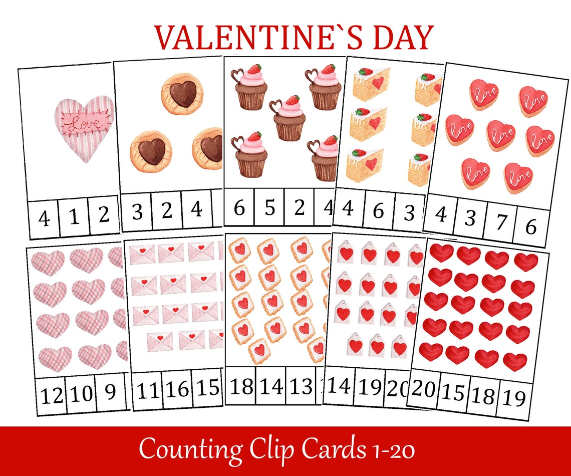 Valentines Day Count and Clip Cards, Number 1 20, Flashcards, Hearts ...