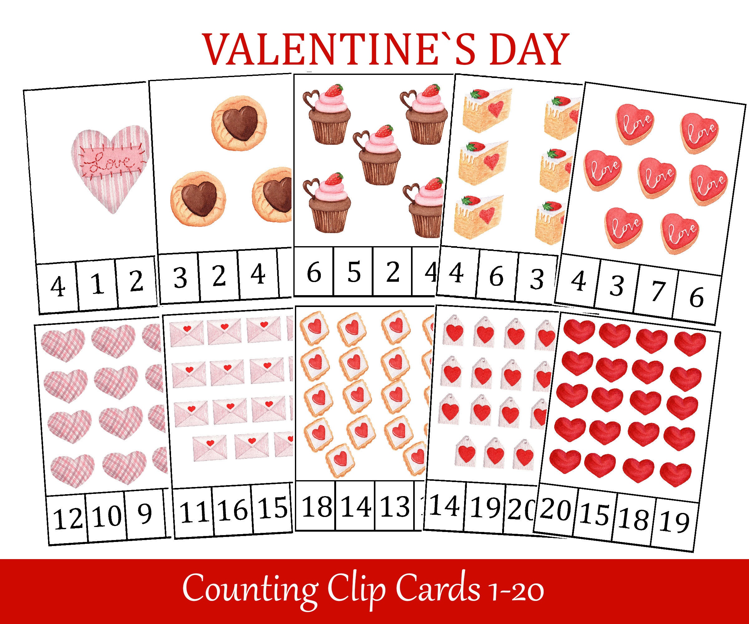 Valentines Day Count and Clip Cards, Number 1 20, Flashcards, Hearts ...