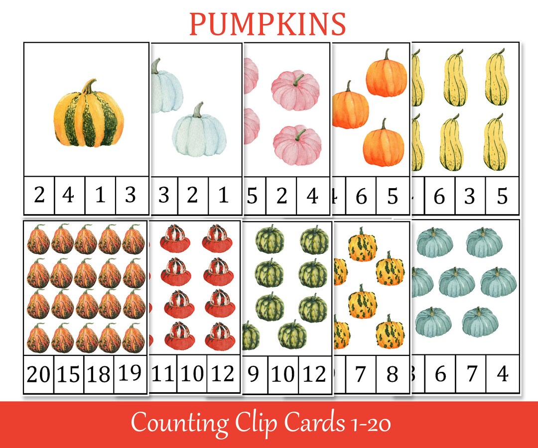Pumpkins and Squashes Count and Clip Cards, Number 1 - 20, Flashcards ...