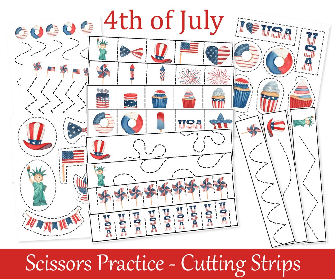 4th of July Scissors Cutting Practice, Cutting Strips for Fine Motor ...