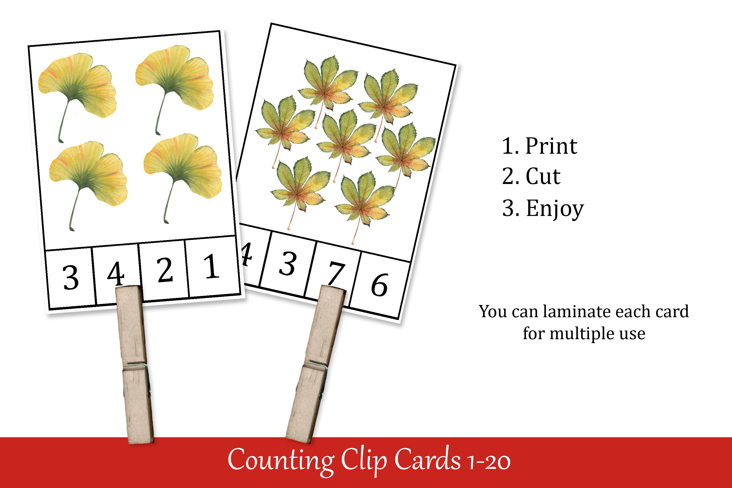 Fall Leaves Count and Clip Cards, Number 1 - 20, Flashcards, Autumn ...