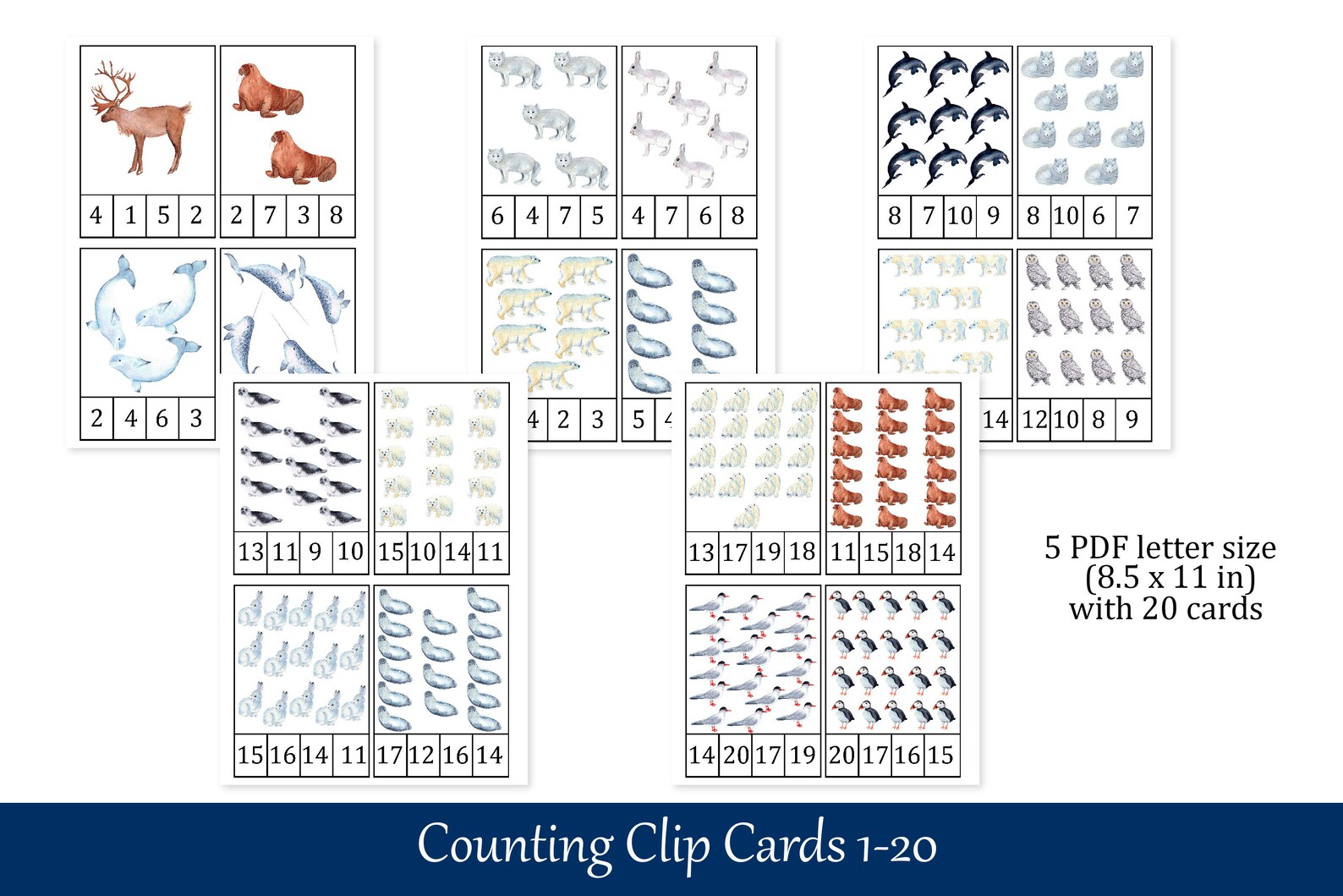 Arctic Animals Count and Clip Cards, Montessori Counting Numbers 1 - 20 ...