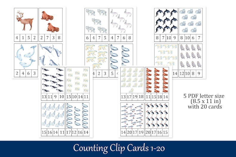 Arctic Animals Count and Clip Cards, Montessori Counting Numbers 1 - 20 ...