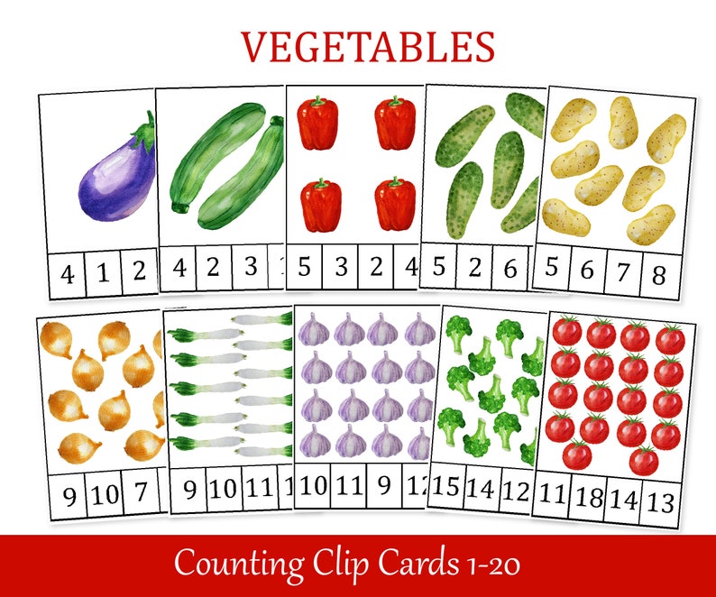 Vegetables Count and Clip Cards, Montessori Counting, Number 1 - 20 ...