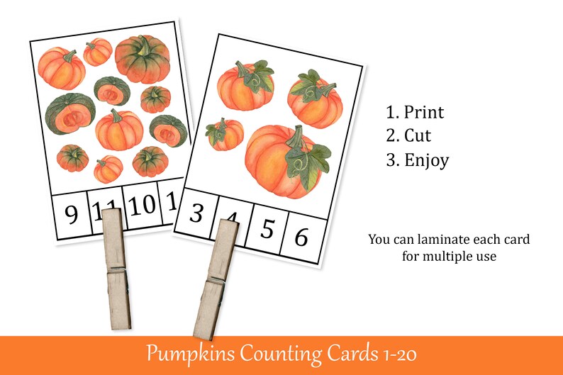 Pumpkins Autumn Counting Cards. Printable Math Flash Cards. Montessori ...
