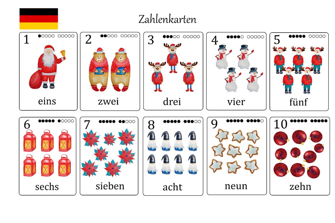 Christmas Numbers Flash Cards. Bilingual English & German - Etsy