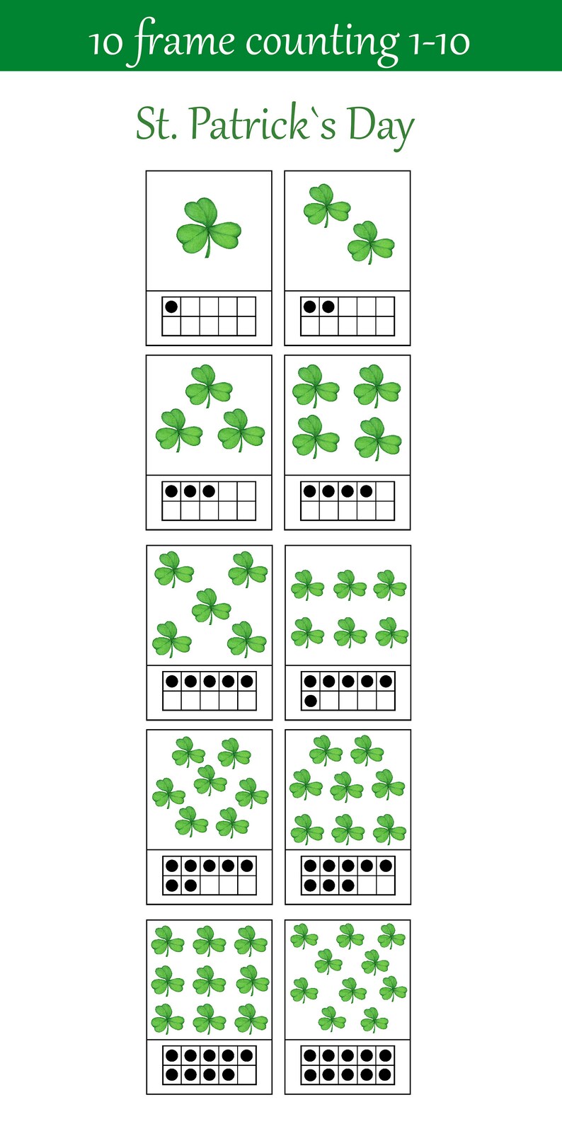 St. Patricks Day Ten Frame Counting Flashcards, Montessori Math ...