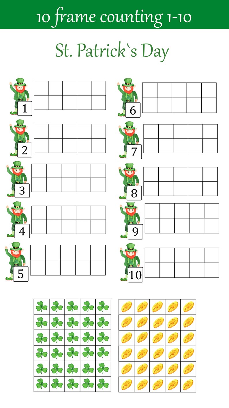 St. Patricks Day Ten Frame Counting Flashcards, Montessori Math ...
