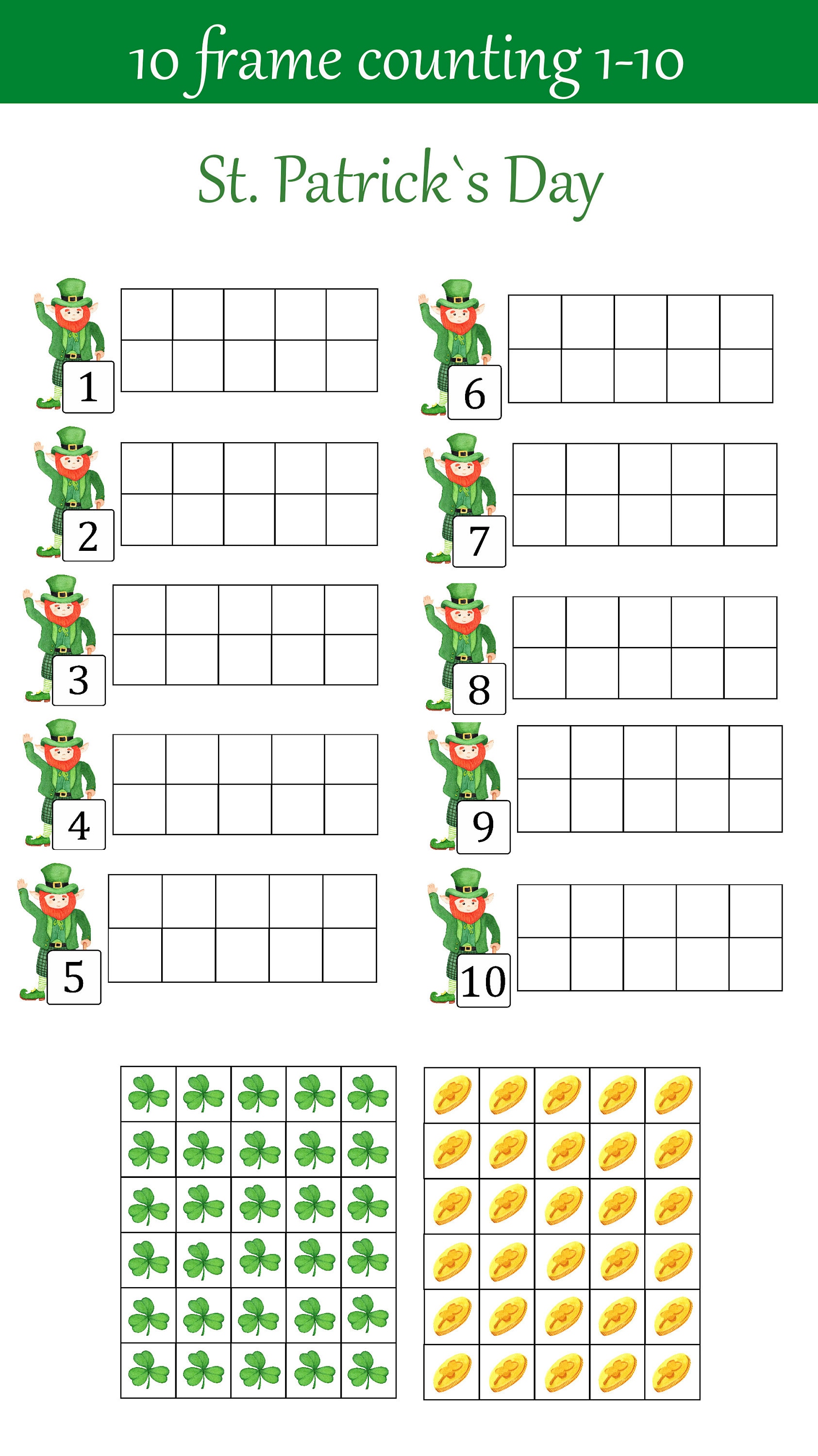 St. Patricks Day Ten Frame Counting Flashcards, Montessori Math ...