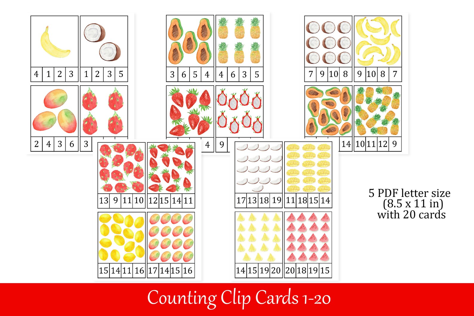 Fruits Count and Clip Cards, Summer Montessori Counting, Number 1 20 ...