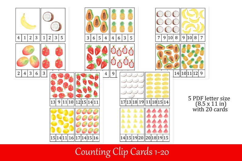Fruits Count and Clip Cards, Summer Montessori Counting, Number 1 20 ...