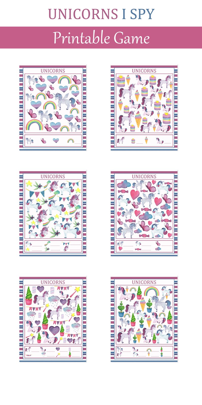 I Spy Unicorns, Printable Game for Kids, Preschool Activity, Heart ...