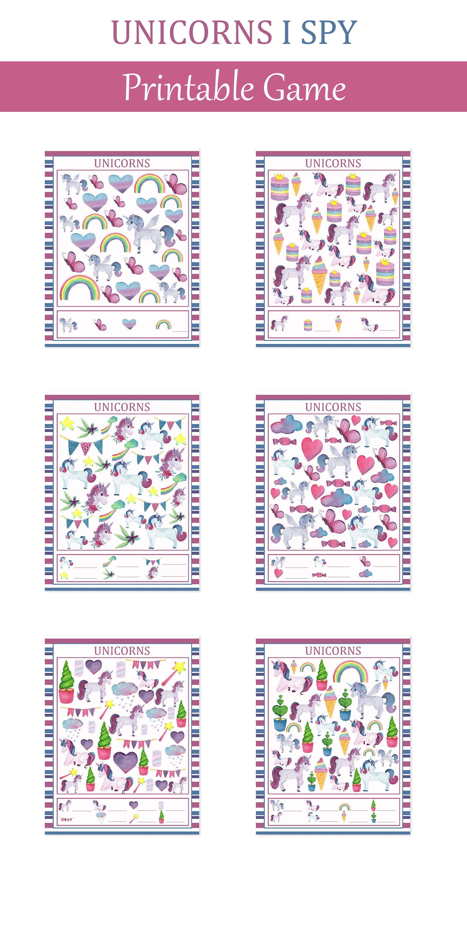 I Spy Unicorns, Printable Game for Kids, Preschool Activity, Heart ...