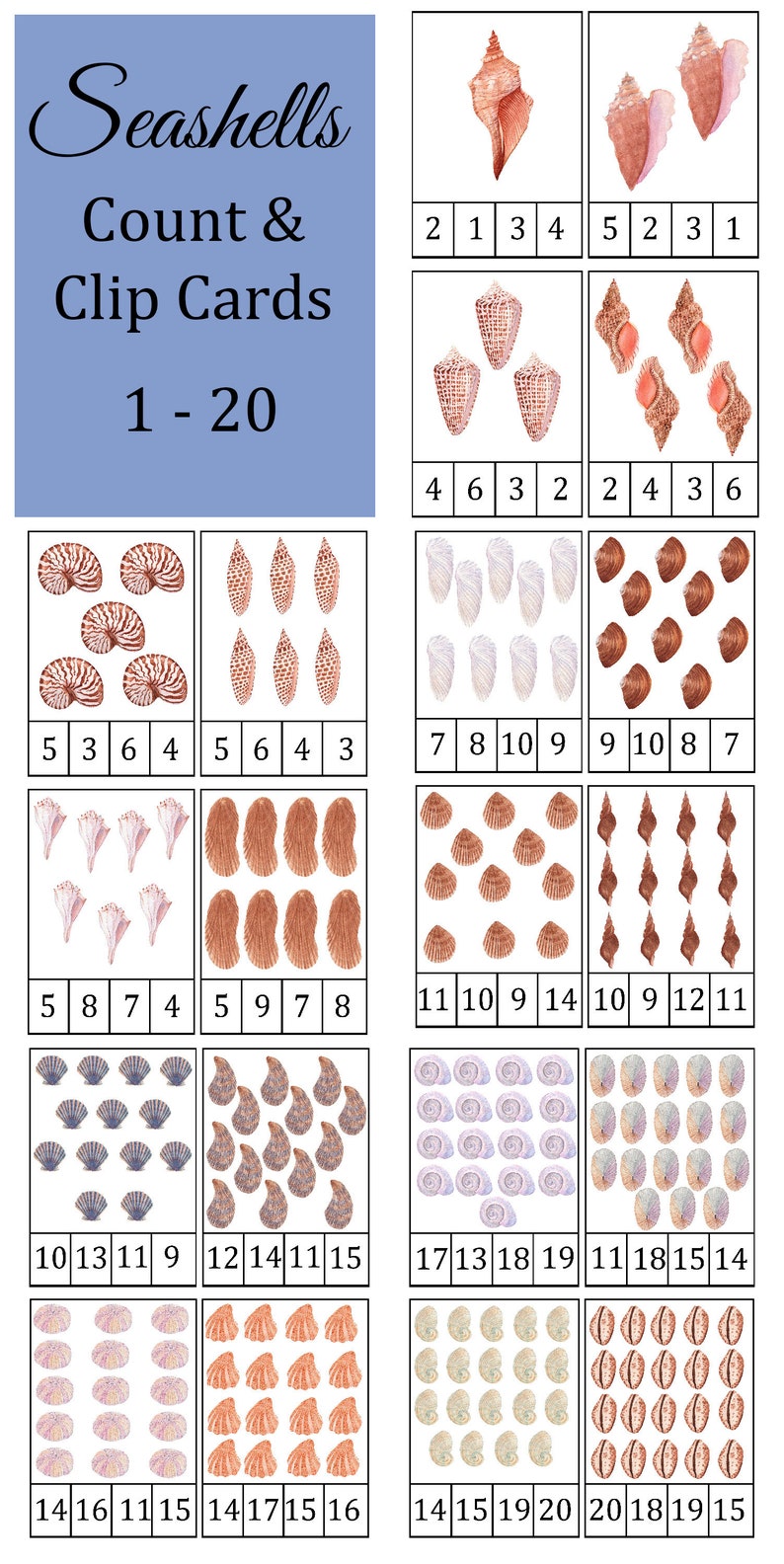 Seashells Count and Clip Cards, Number 1 - 20, Flashcards, Summer ...